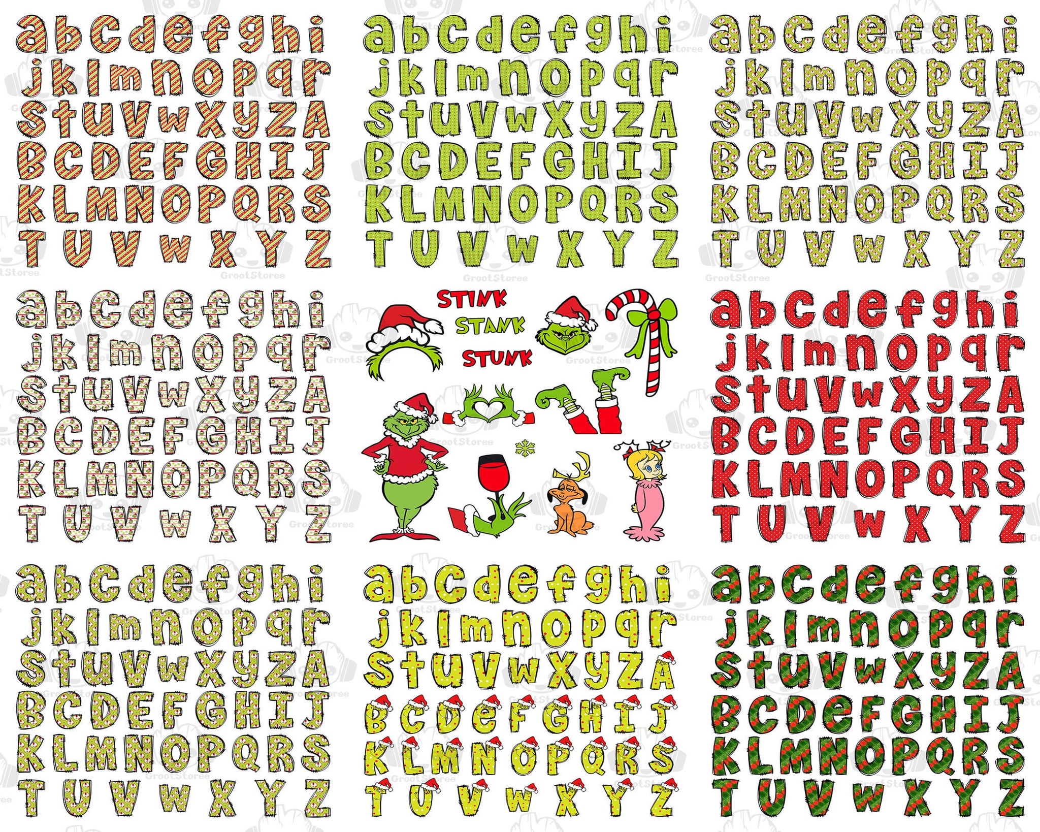 7 Set Christmas Alpha Doodle Png Bundle, Christmas Character Alphabet ...